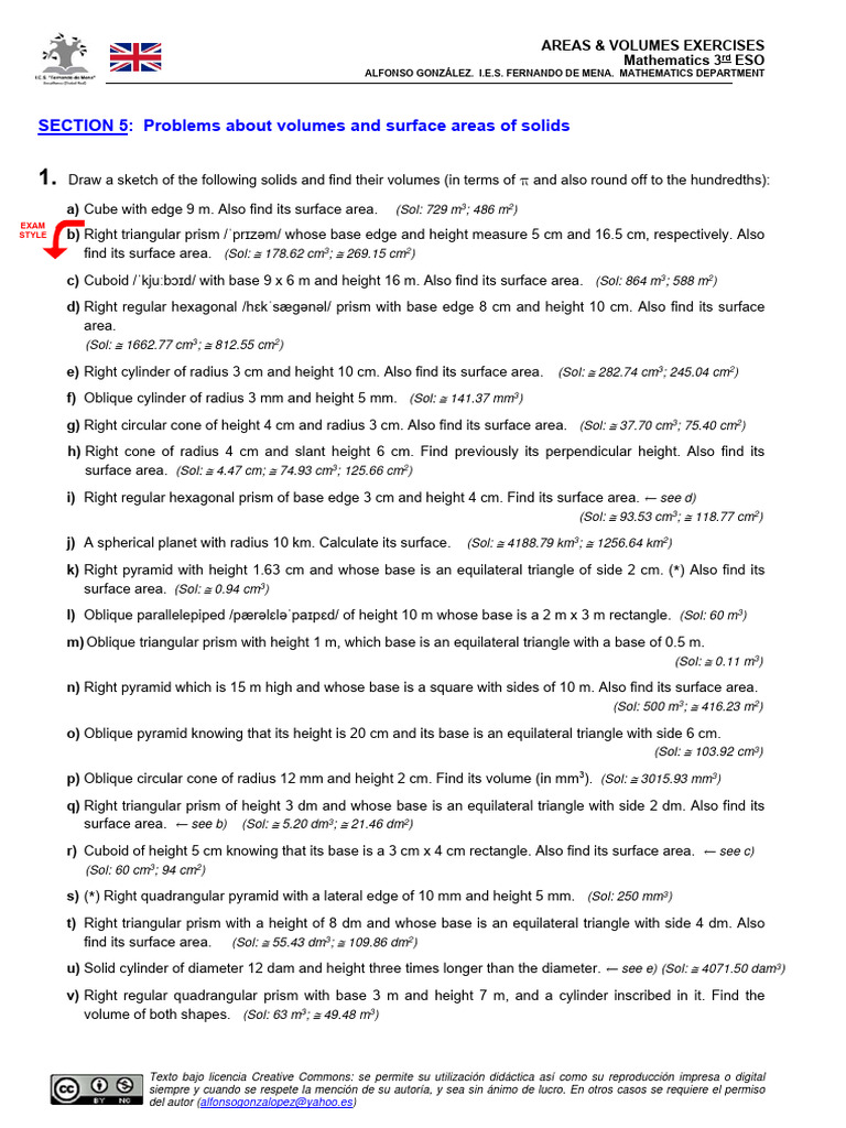 UNIT 8 - Three Dimensional Geometry Exercises | Download Free PDF | Area | Volume