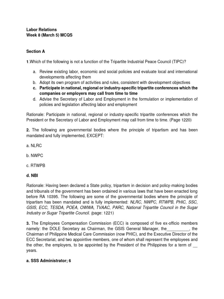 LabRel Quiz 8 Coverage | PDF | Labour Law | Employment