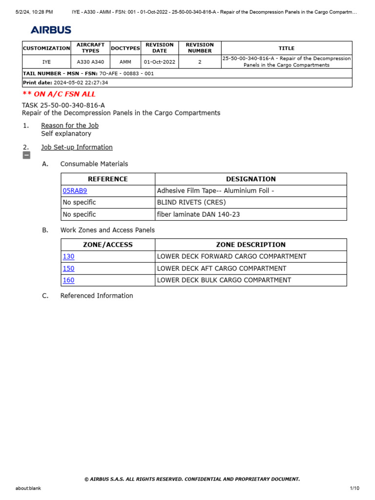 A330 - AMM - 25-50-00-340-816-A - Repair of The Decompression Panels in ...