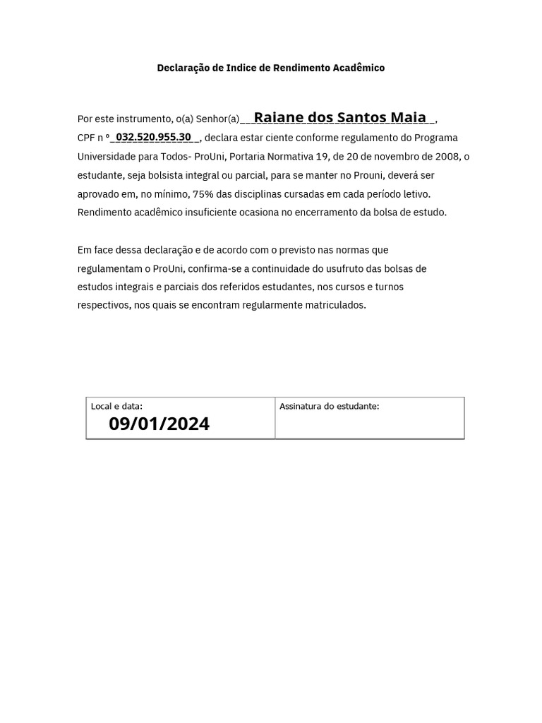 Declaração de Indice e Rendimento Acadêmico | PDF