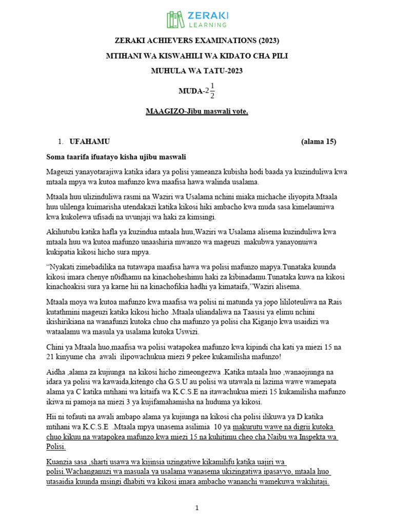 Kiswahili - Kiswahili Form 2 - Question Paper | PDF