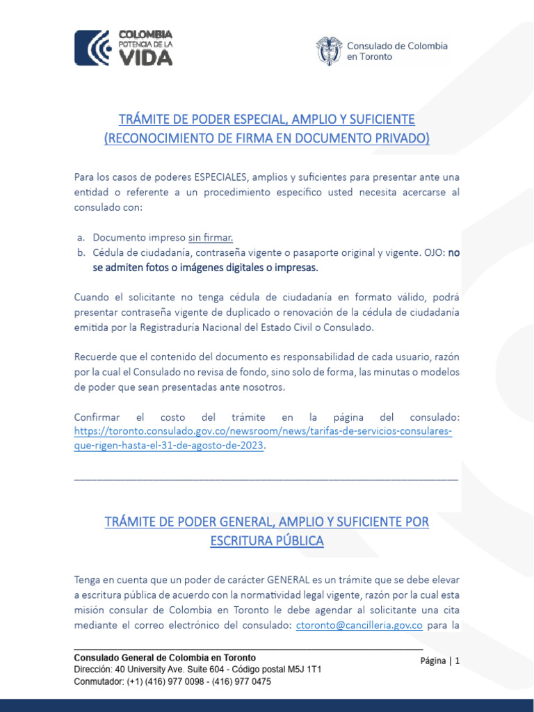 Tramite Poder Consulado de Colombia en Toronto | PDF | Documento de ...