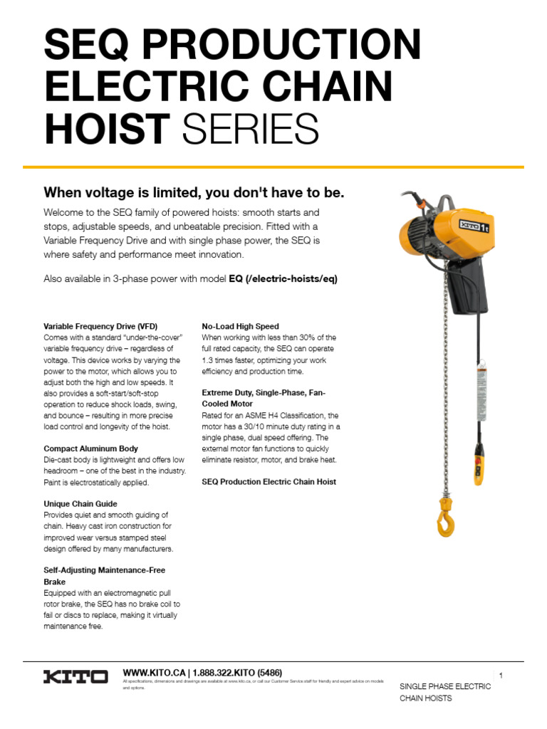SEQ Production Electric Chain Hoist - Kito Canada | PDF | Electric Motor | Manufactured Goods