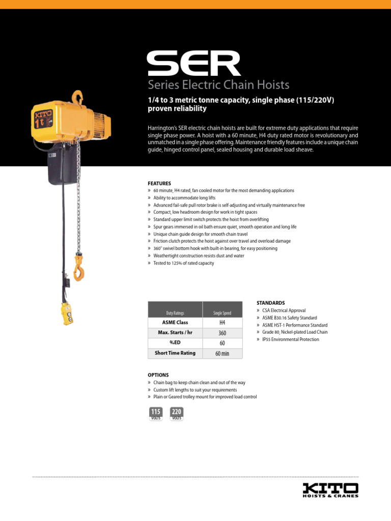 Series Electric Chain Hoists: 1/4 To 3 Metric Tonne Capacity, Single Phase (115/220V) Proven ...