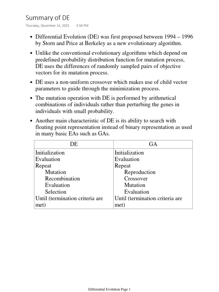 Overview of Differential Evolution Algorithm | PDF | Evolutionary ...