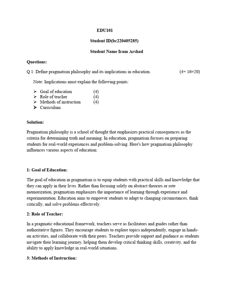 Edu101 Assignment Solution File 2024 | PDF | Pragmatism | Learning