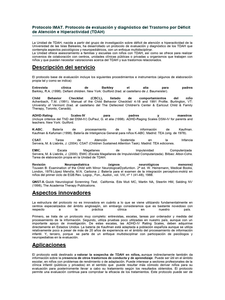 Protocolo de Evaluación TDAH IMAT | PDF | Desorden hiperactivo y ...