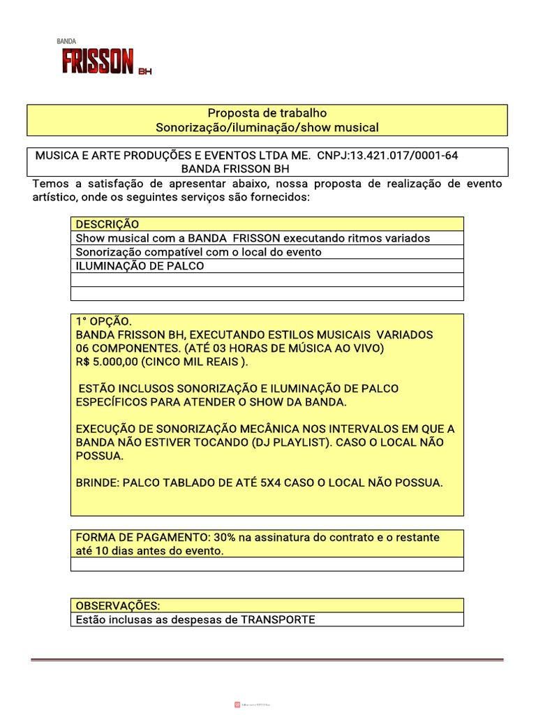 Proposta Banda Frisson BH NOVO ! OPCIONAIS 2023 | PDF