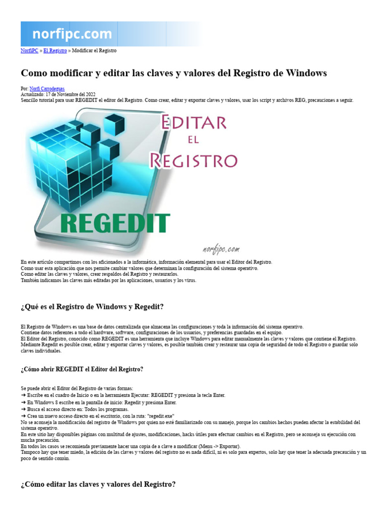 Como modificar y editar claves y valores del Registro de Windows | Descargar gratis PDF ...