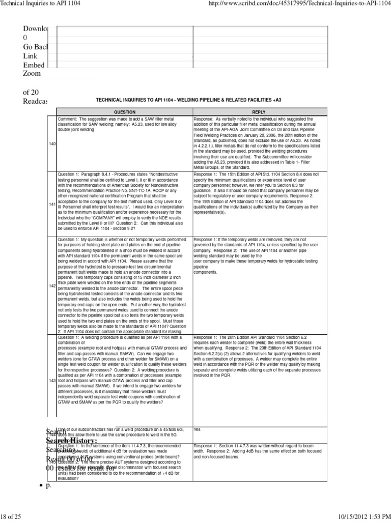 API 1104 Technical Inquiries Summary | PDF | Welding | Construction