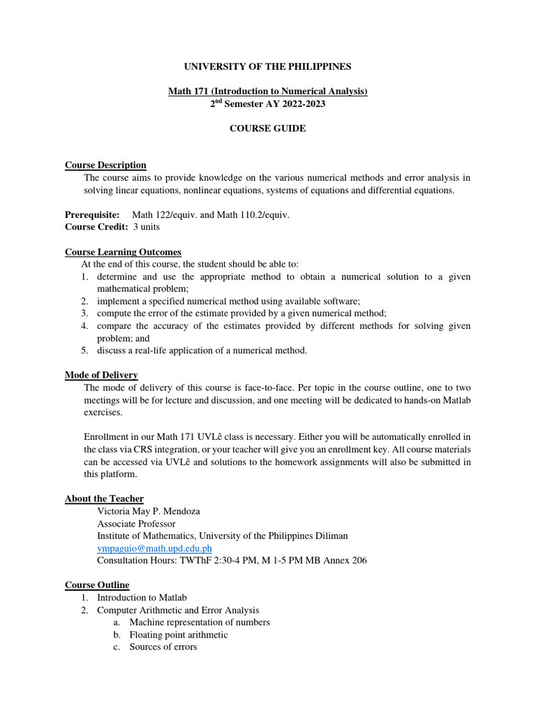 Math 171 Course Guide - 2ndsem22-23 - MendozaVMP | PDF | Numerical ...