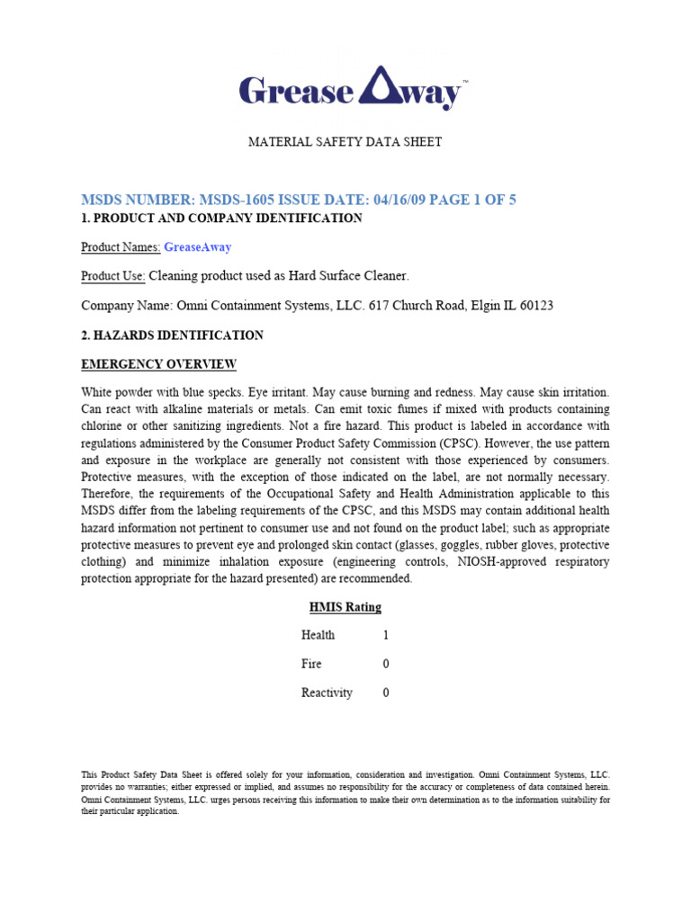 Omni Greaseaway SDS | PDF | Water | Toxicity