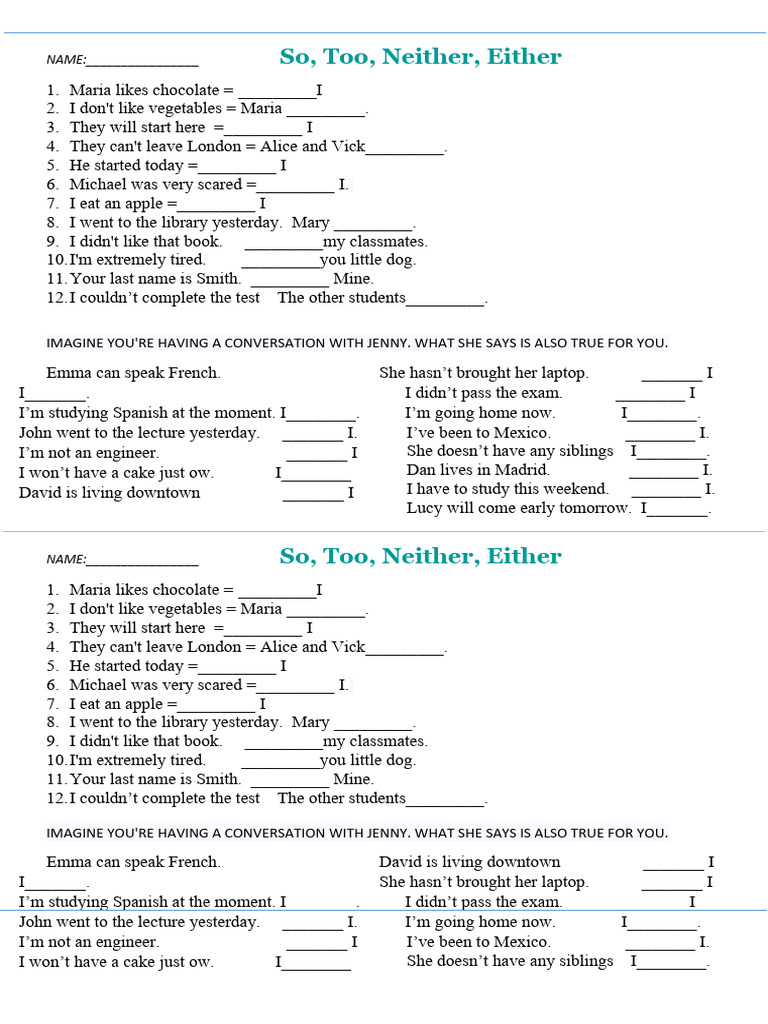 So, Too, Neither, Either Exercises | PDF