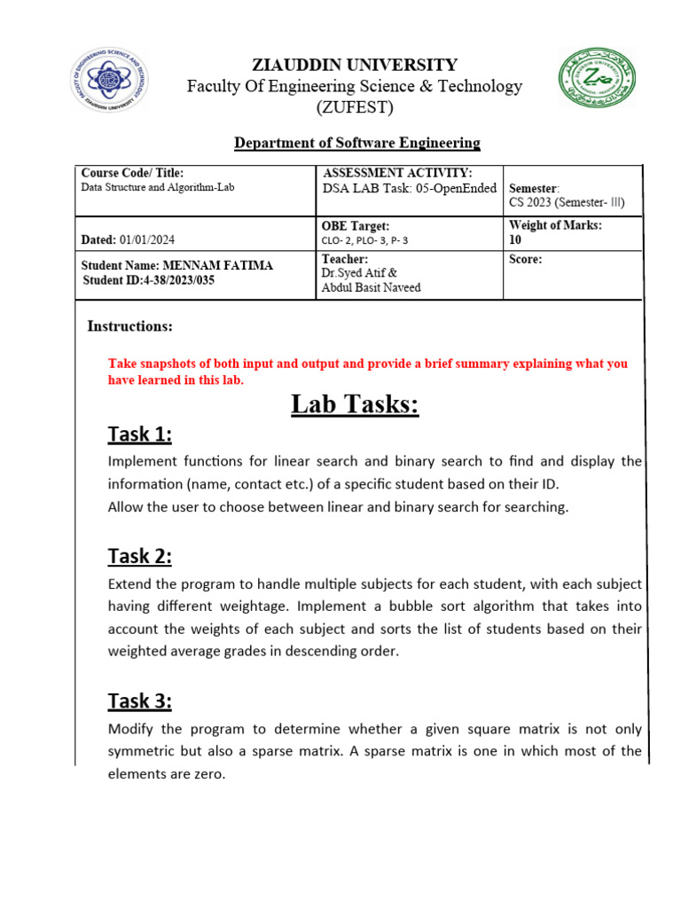 DSA LAB 05 OpenEnded | Download Free PDF | Matrix (Mathematics) | Time Complexity