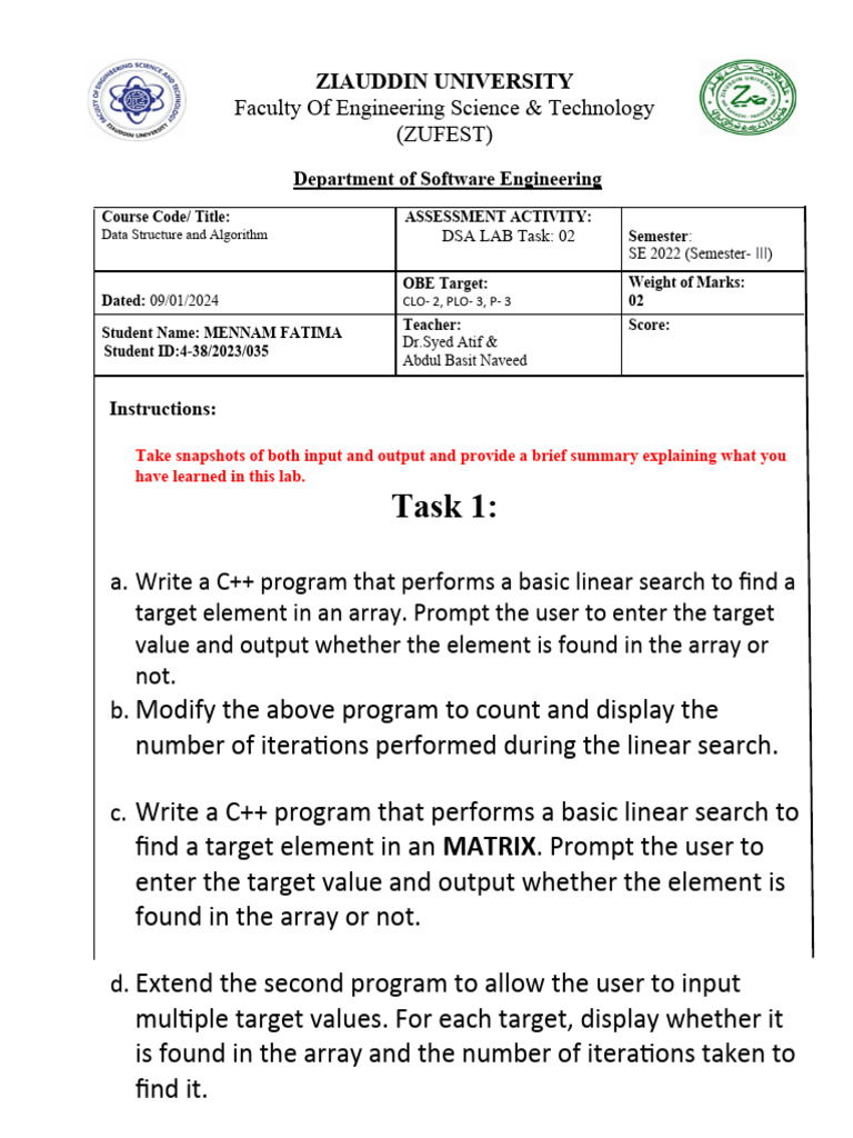 Dsa Lab 02 Pdf Matrix Mathematics Software 