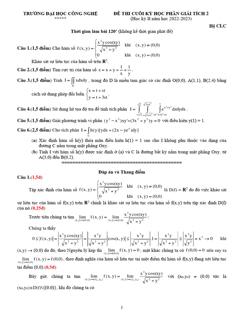 Dap an va Thang diem de thi hoc phan GT2 cuoi ky (2022-2023) He CLC | PDF