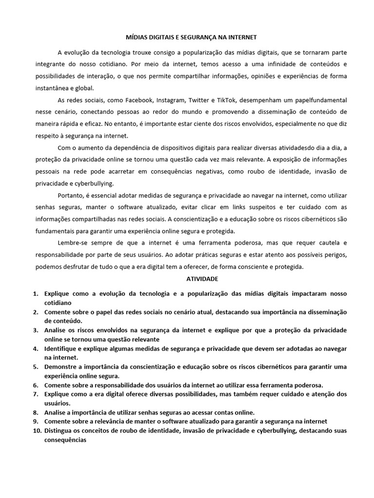 Segurança na Internet e Mídias Digitais | PDF | Privacidade na internet ...
