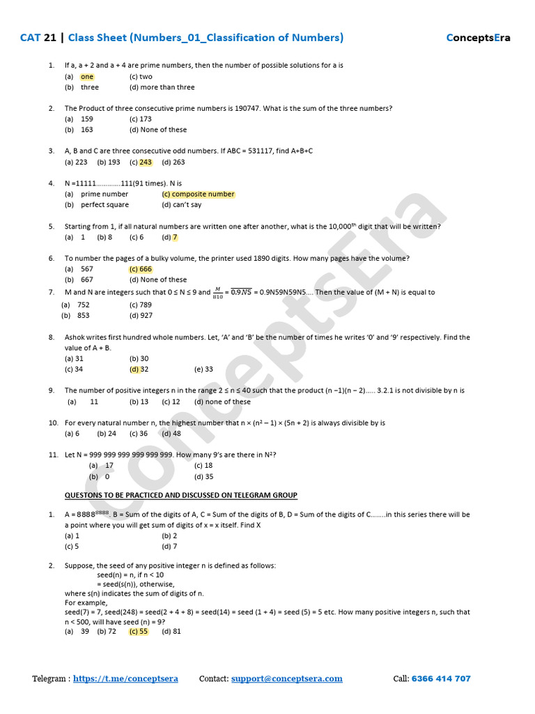 CE CAT21 Numbers 01 Classification | Download Free PDF | Field (Mathematics) | Combinatorics