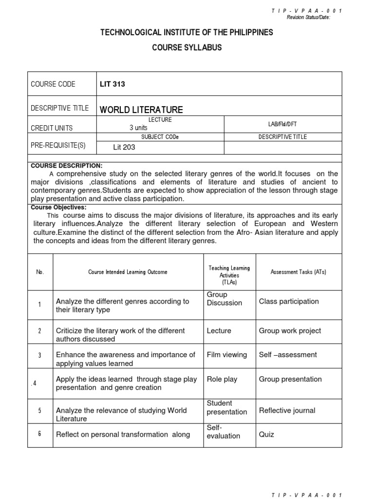 World Literature: Technological Institute of The Philippines Course ...