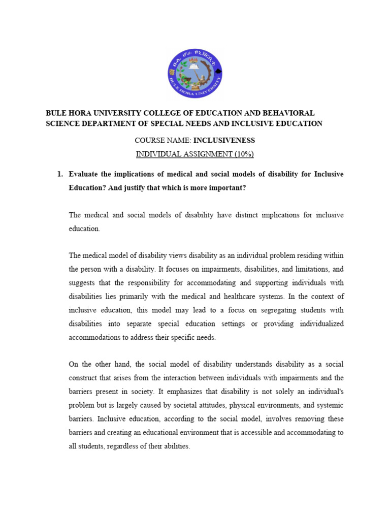 Inclusiveness Individual Assignment | PDF | Inclusion (Education) | Disability