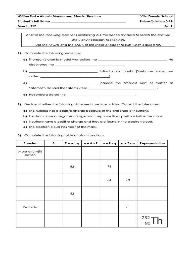 Atomic Models and Structure Test | PDF | Atoms | Atomic Nucleus
