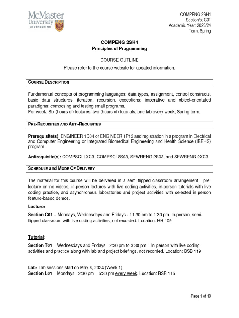 COMPENG2SH4 Course Outline Spring2024 | PDF | Programming | Computer Program