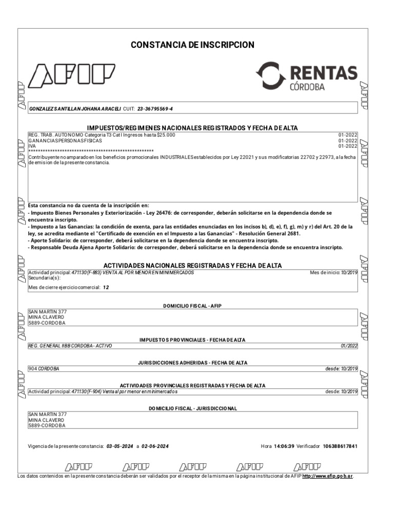 Constancia de Inscripción AFIP | PDF | Finanzas del gobierno | Impuestos