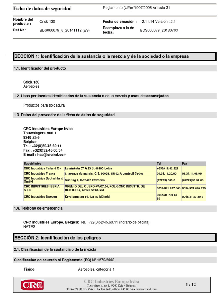 Crick 130: Ficha de Seguridad y Peligros | PDF | Química