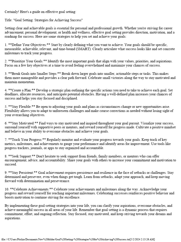 Goal Setting- Strategies for Achieving Success | PDF | Goal | Goal Setting