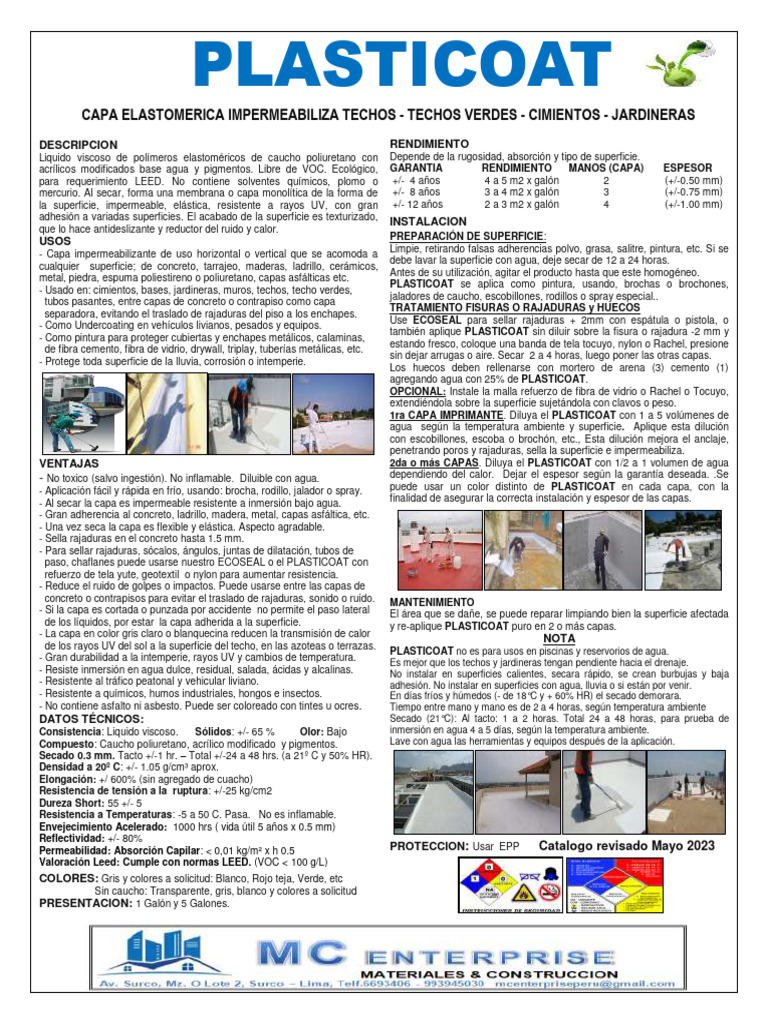 PLASTICOAT Capa Poliuretano Acrilico, 2023 | PDF | Pintar | Hormigón