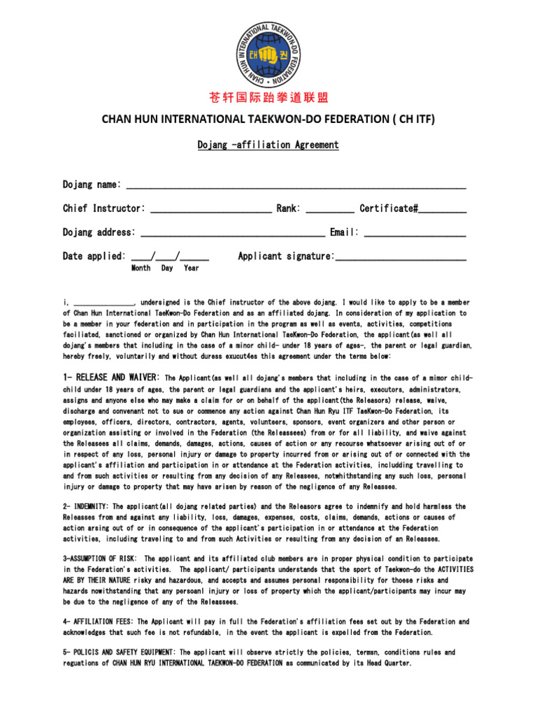 CHAN RYU ITF Affiliation Agreement v2 | PDF | Indemnity | Justice