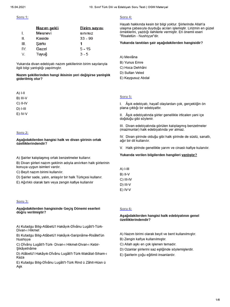 Sınıf Türk Dili Ve Edebiyatı Soru Testi3 - OGM Materyal | PDF