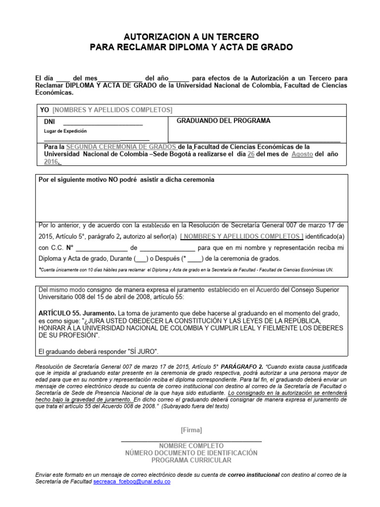 Autorizacion A Un Tercero para Reclamar Diploma y Acta de Grado | PDF ...