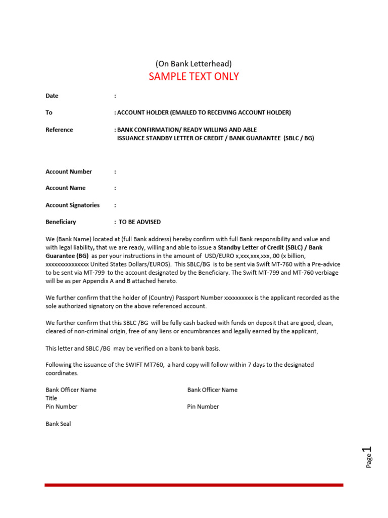 RWA - 799 - 760 Draft SBLC | PDF | Letter Of Credit | Banks