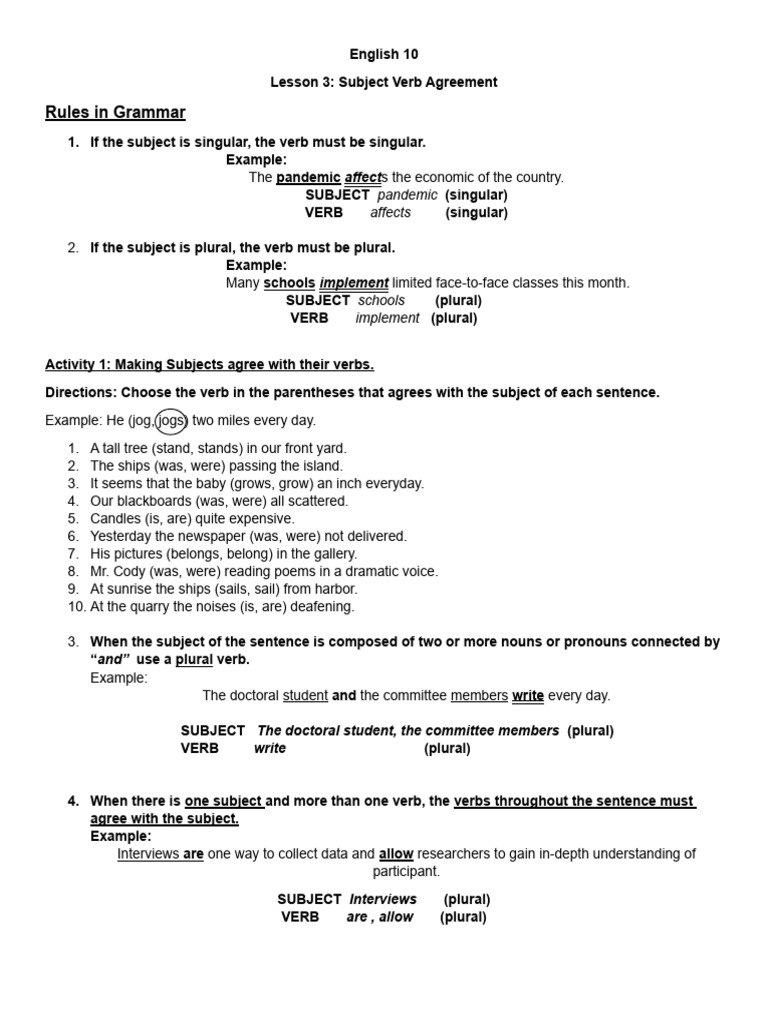 SVA ACTIVITY Sheet | Download Free PDF | Subject (Grammar ...