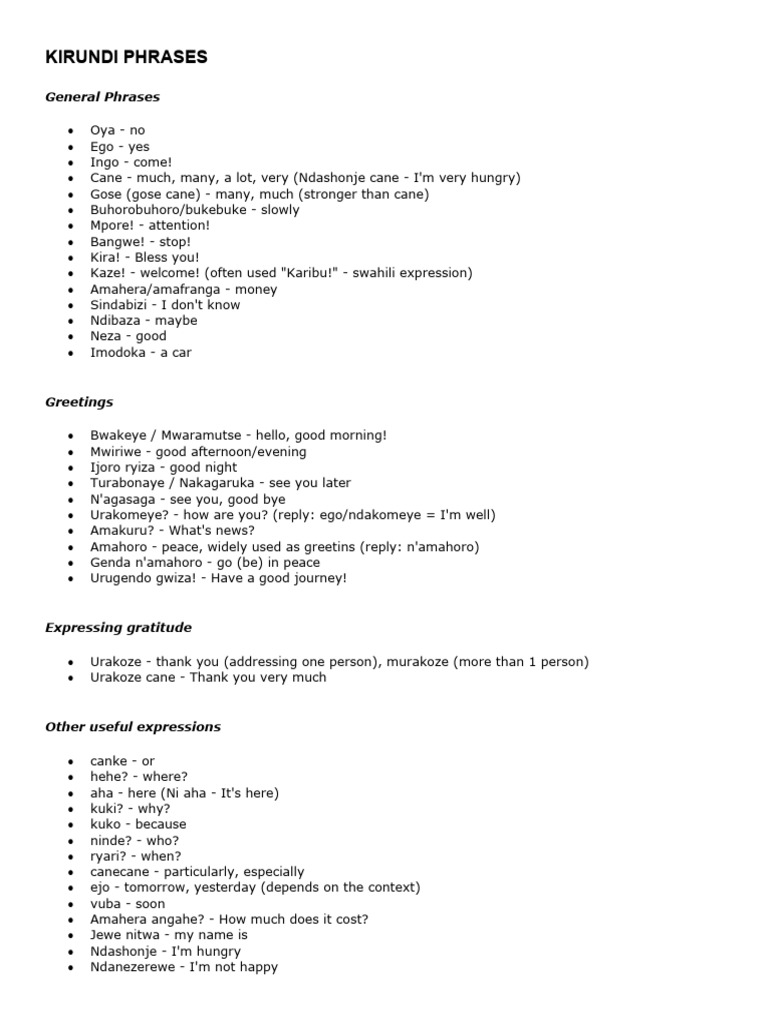 Kirundi Phrases | PDF | Drink | Foods