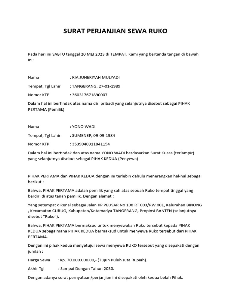 Contoh Surat Perjanjian Sewa Ruko | PDF