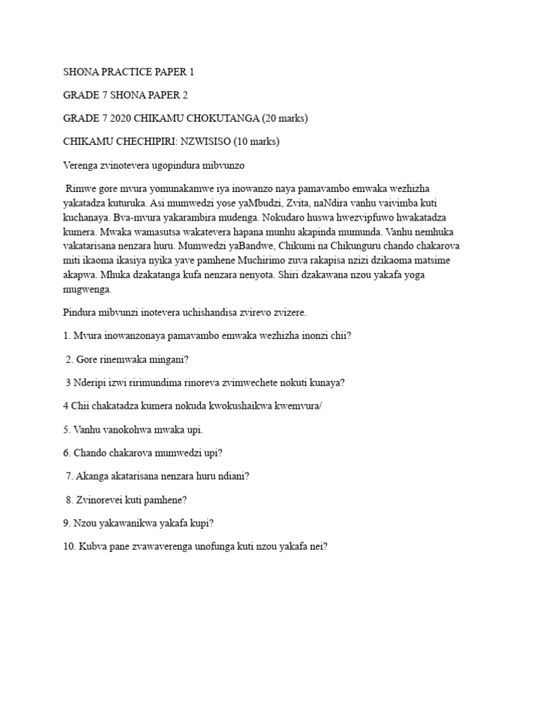 Shona Practice Paper 1 Grade 7 Shona Paper 2 | PDF