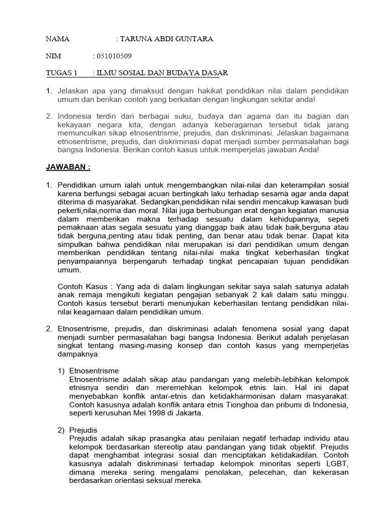 Tugas 1 (Ilmu Sosial & Budaya Dasar) | PDF