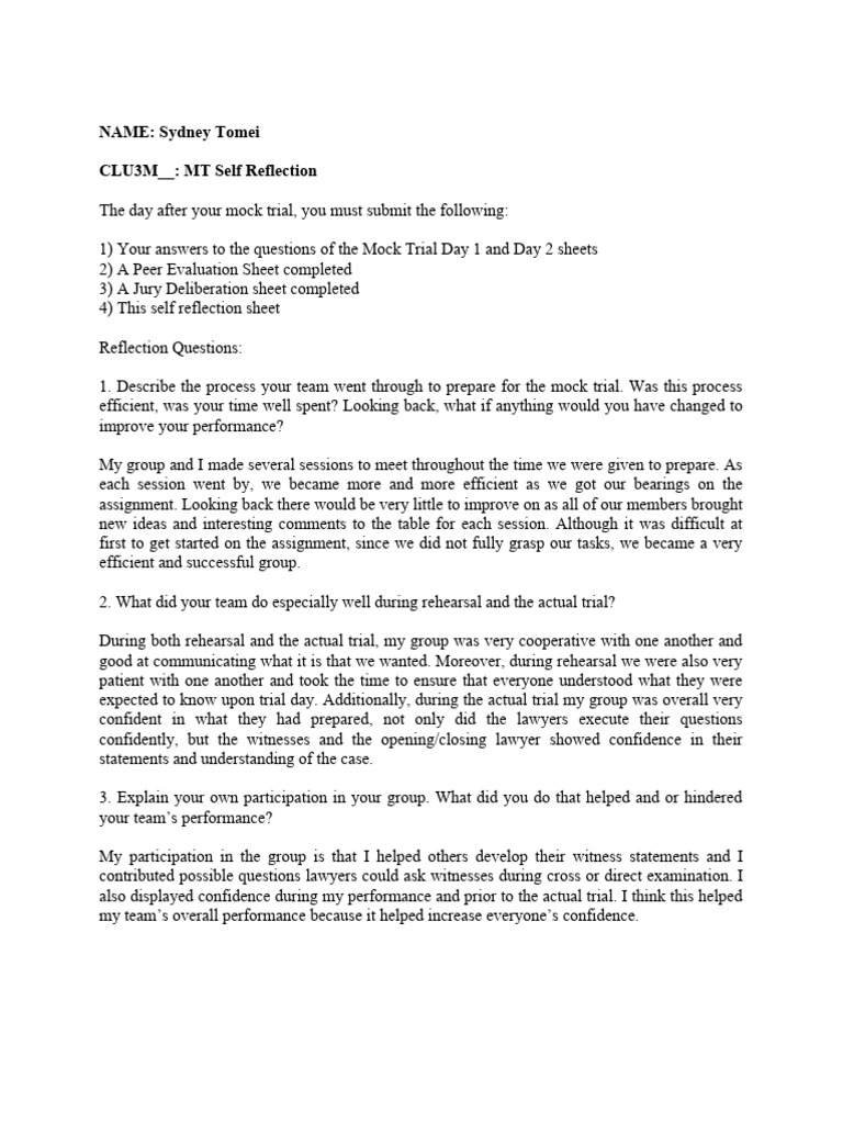 Mock Trial Self-Reflection Report | PDF | Witness | Trials