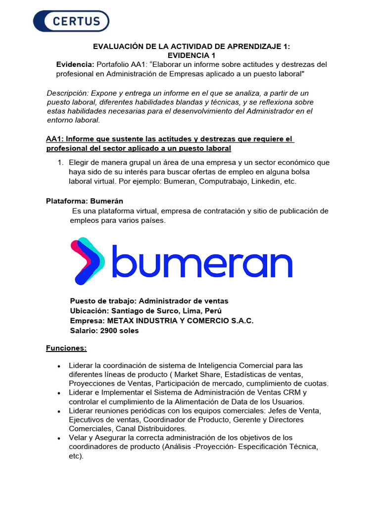 Bumeran: Análisis de Puesto Administrador | PDF | Business | Calidad ...