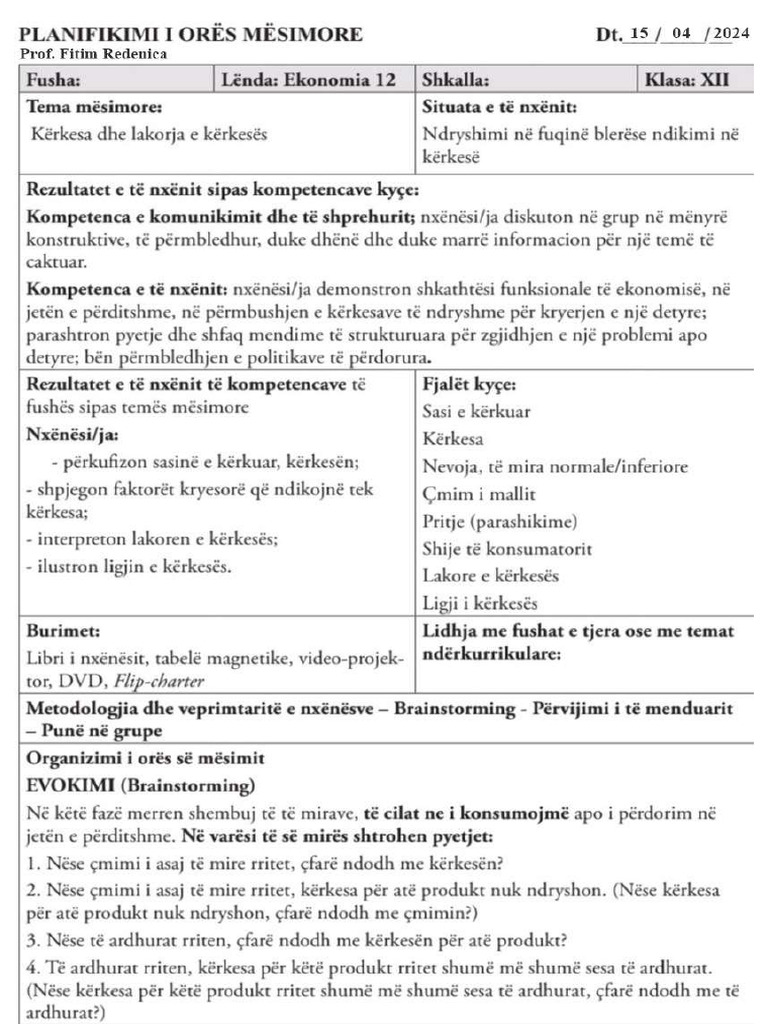Planifikimi I Ores Mesimore | PDF