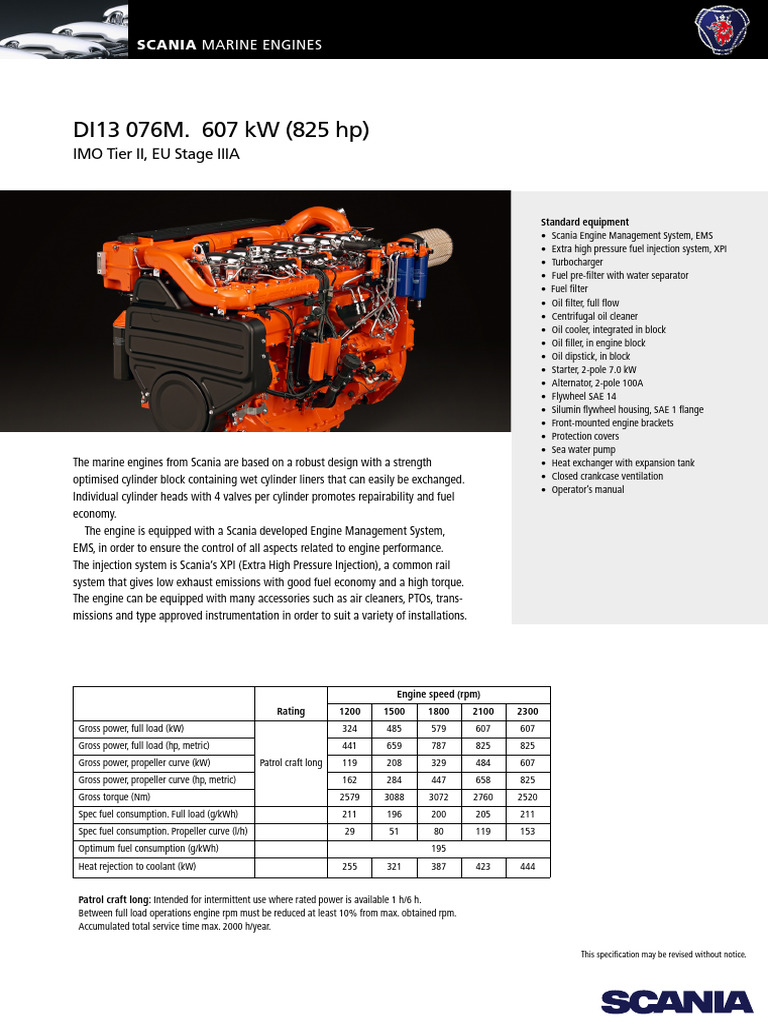 Scania DI13 076M Marine Engine Specs | PDF | Horsepower | Engines