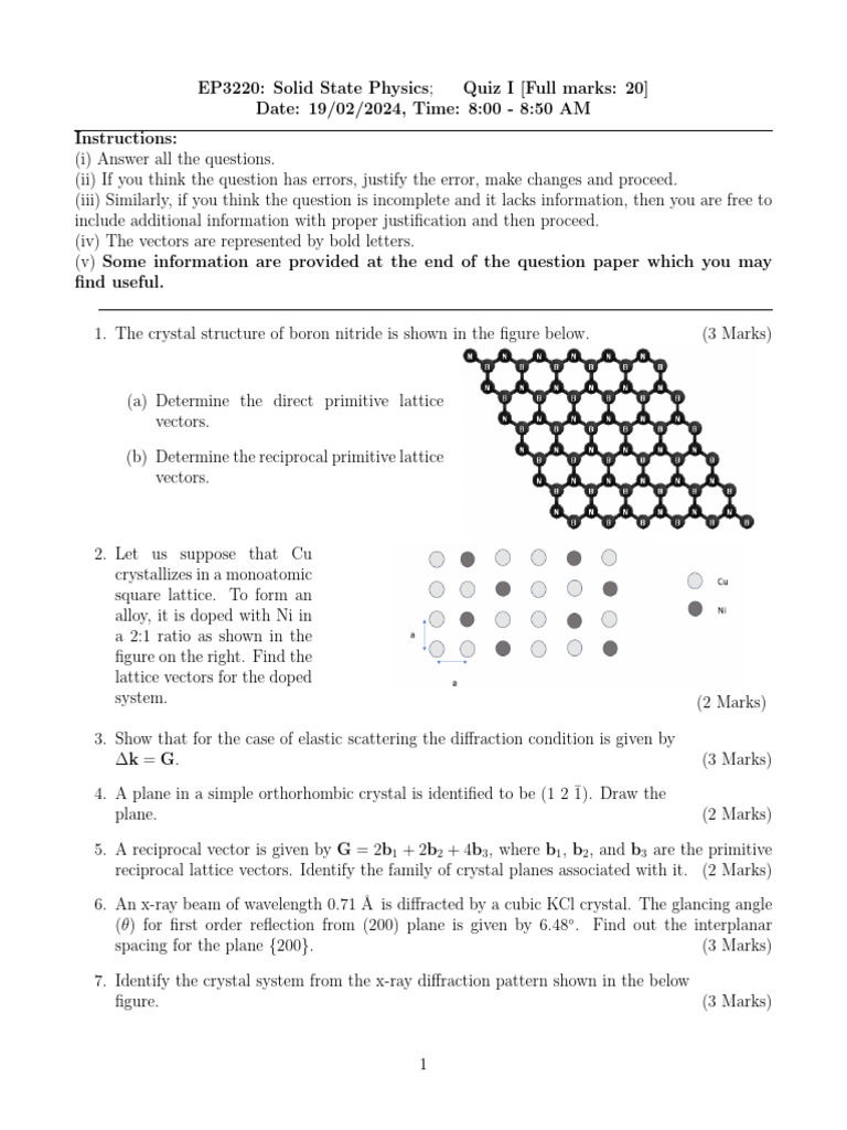 EP3220 Quiz 1 2024 Solution New | PDF | Crystal Structure | X Ray ...