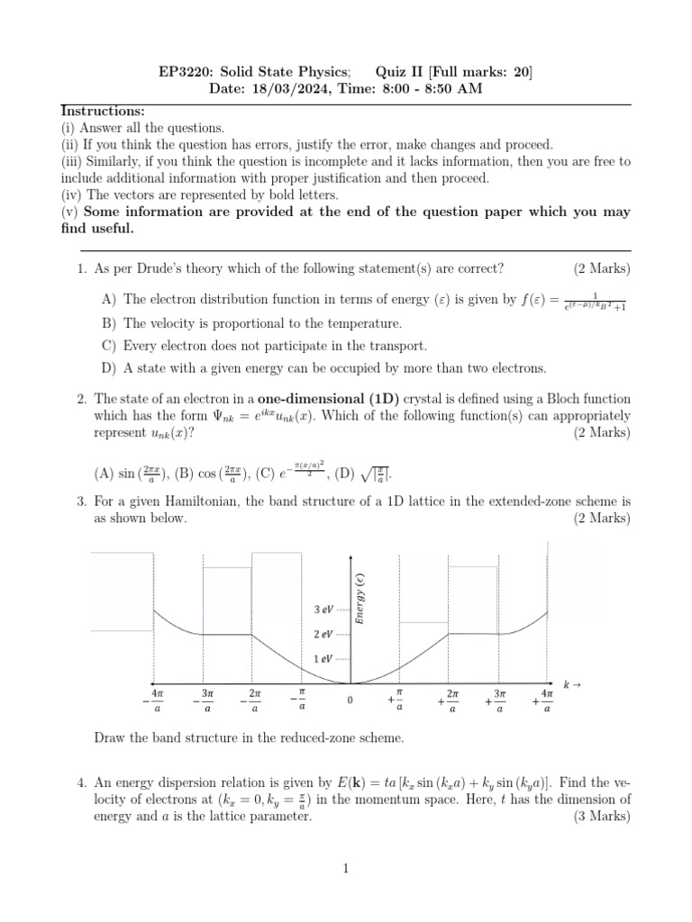 EP3220 Quiz 2 2024 Solution 2 | PDF | Electronic Band Structure | Electron
