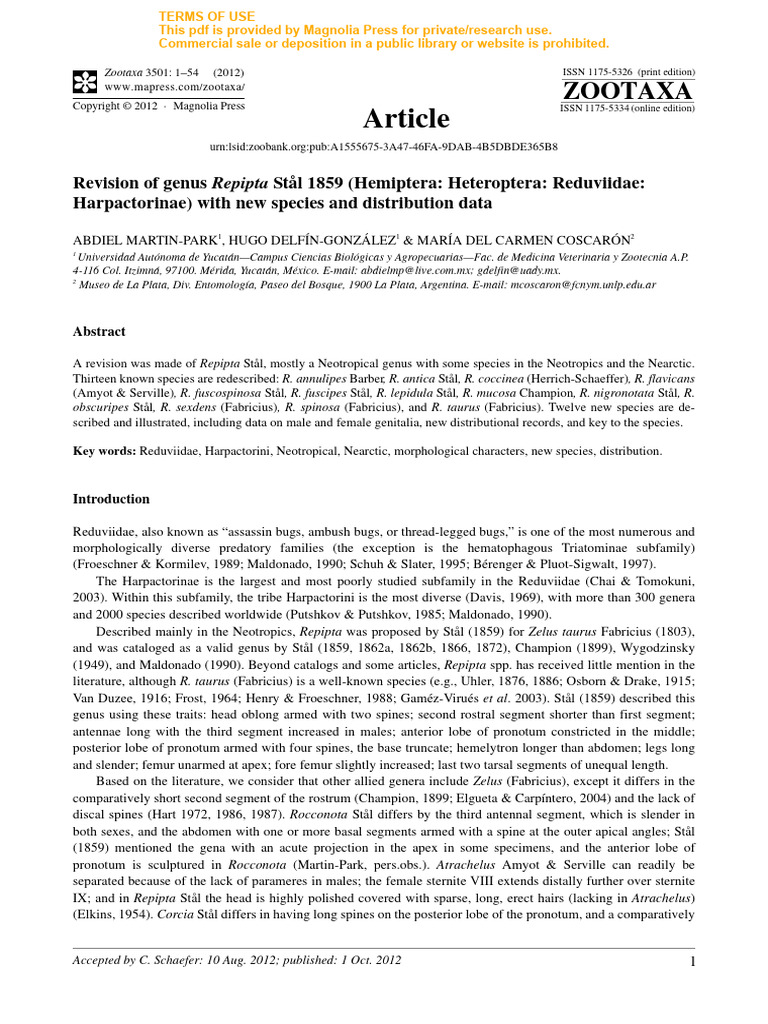 Martin-Park Et Al. (2012) - Revision of Genus Repipta Stal 1859 | PDF ...