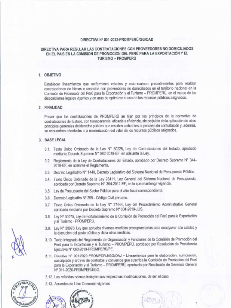 Directiva 001 2022 PROMPERU GG OAD Contrataciones Con Proveedores No Domiciliados | PDF
