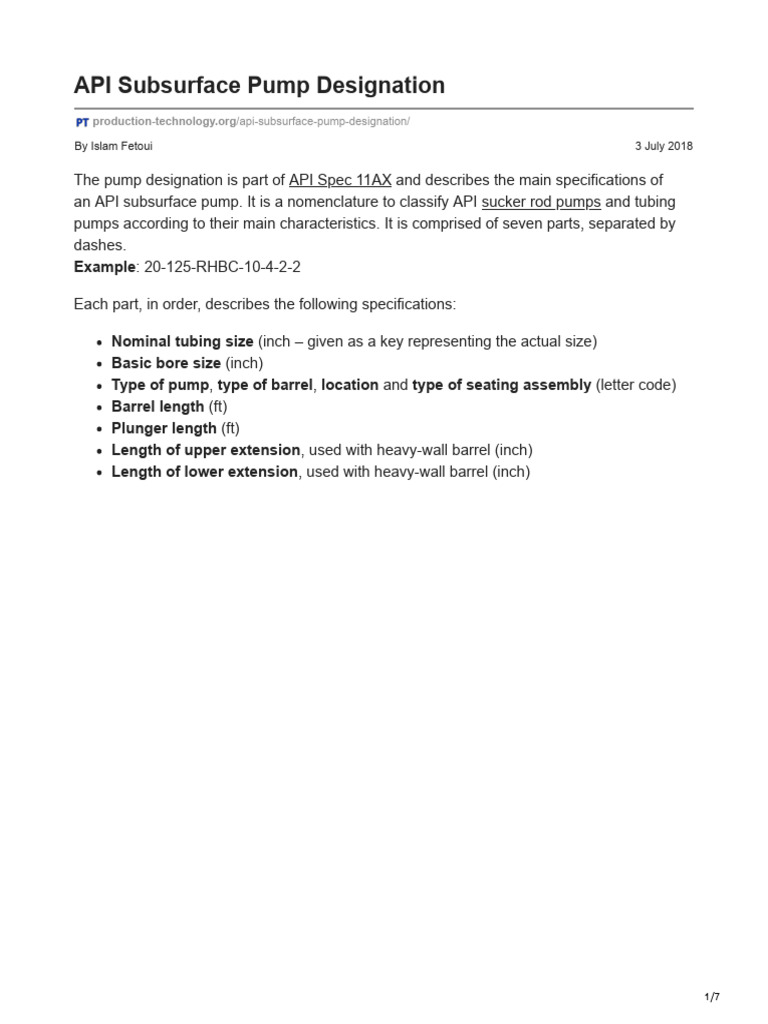 Api Subsurface Pump Designation Pdf Pump Pipe Fluid Conveyance