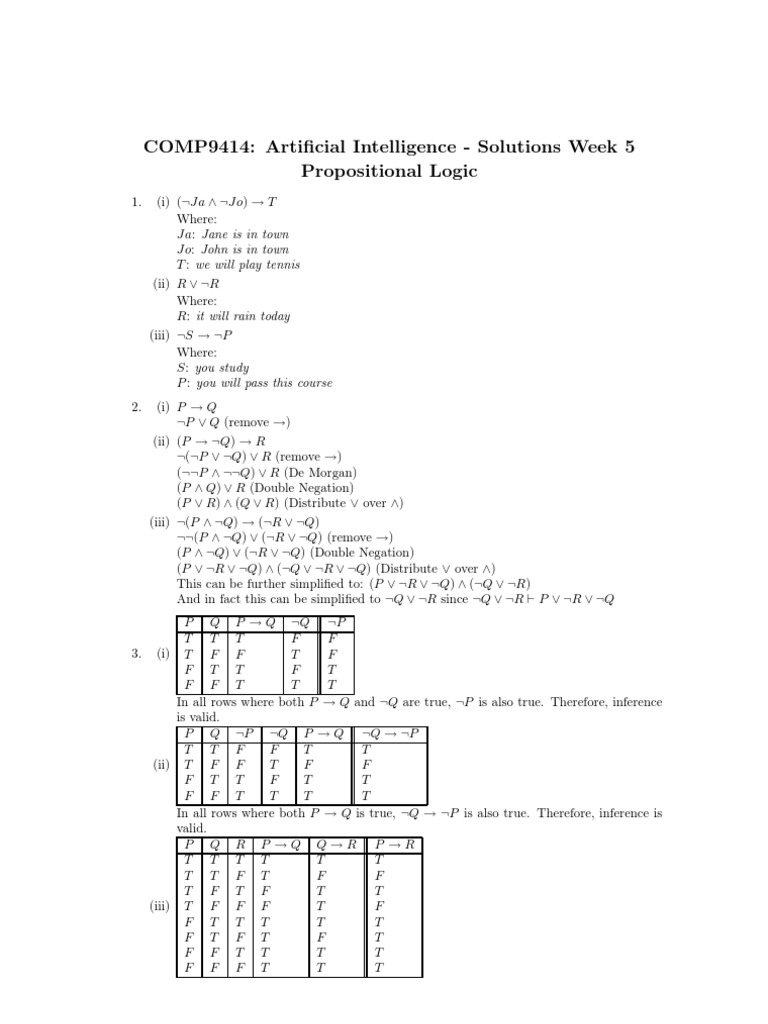 COMP9414: Artificial Intelligence - Solutions Week 5 Propositional Logic | PDF | Logical ...