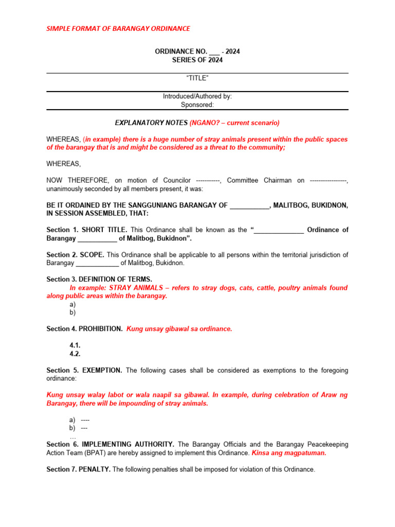 Barangay Ordinance Template Example | PDF | Common Law | Legal Documents